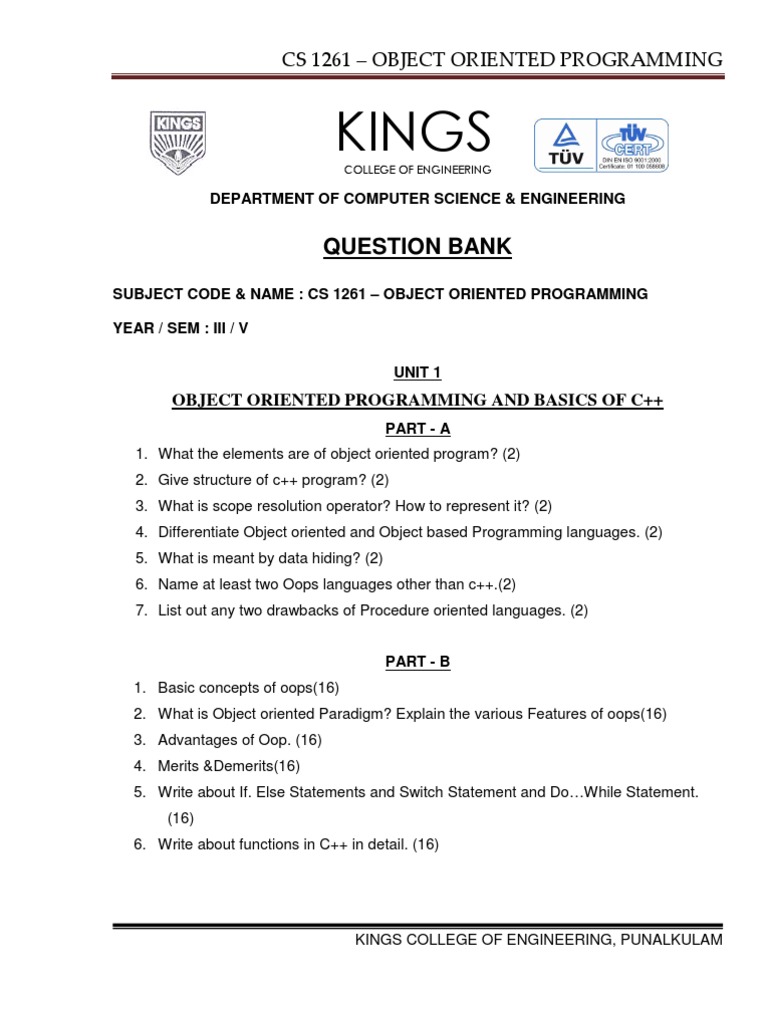Cs1261 Oops | PDF | C++ | Class (Computer Programming)