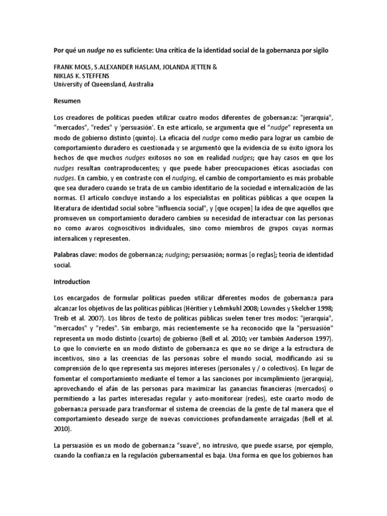 Por Qué Un Nudge No Es Suficiente (Traducción) FRANK MOLS, S.ALEXANDER ...