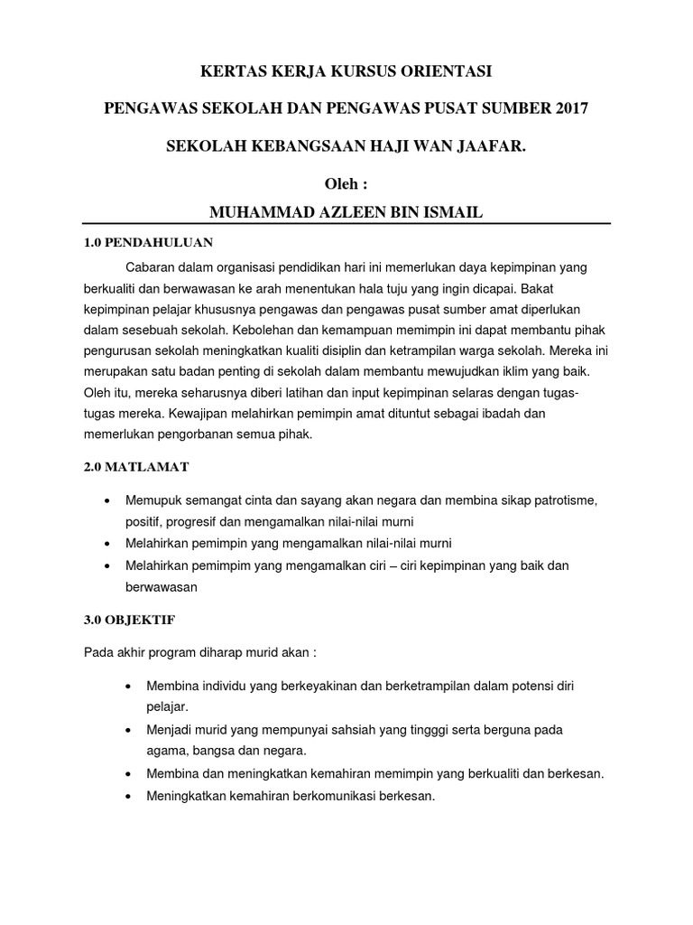 Kertas Kerja Kursus Orentasi Pengawas 2017 | PDF