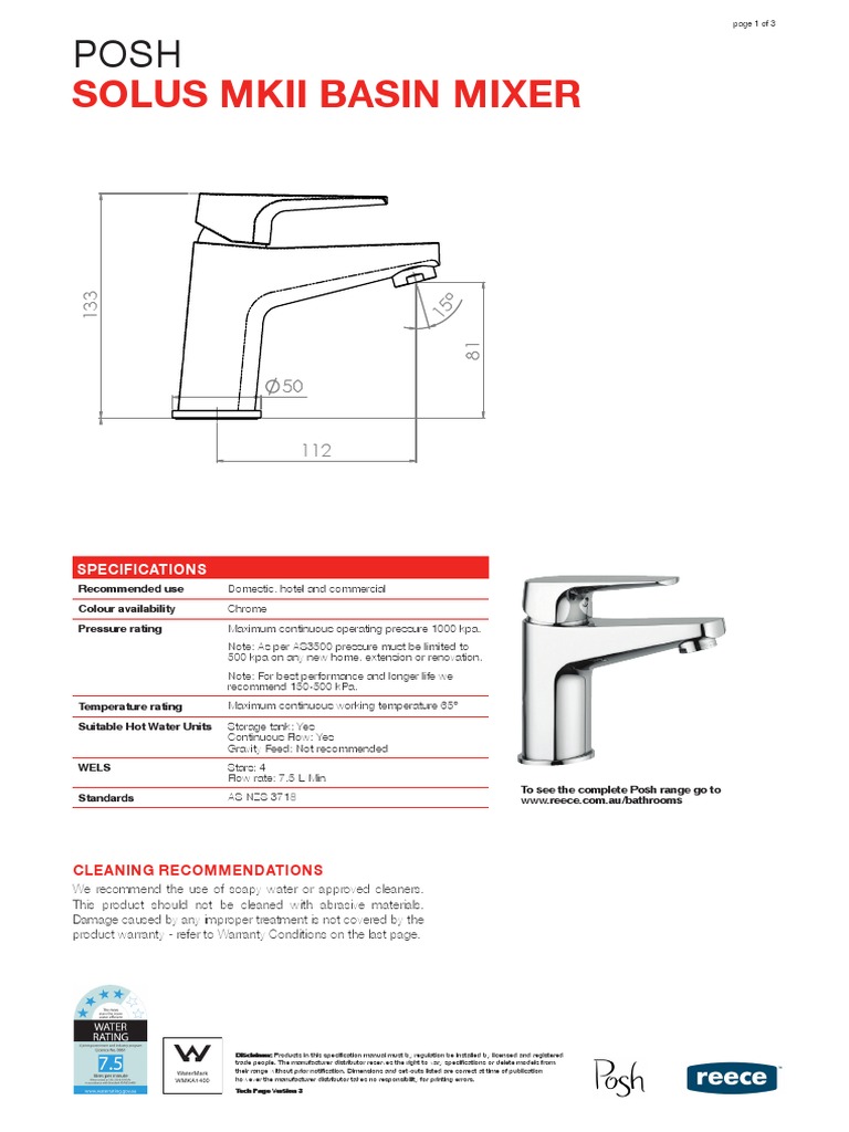 Posh Solus Mkii Basin Mixer 9502635 Tech Warranty | PDF | Tap (Valve) | Screw