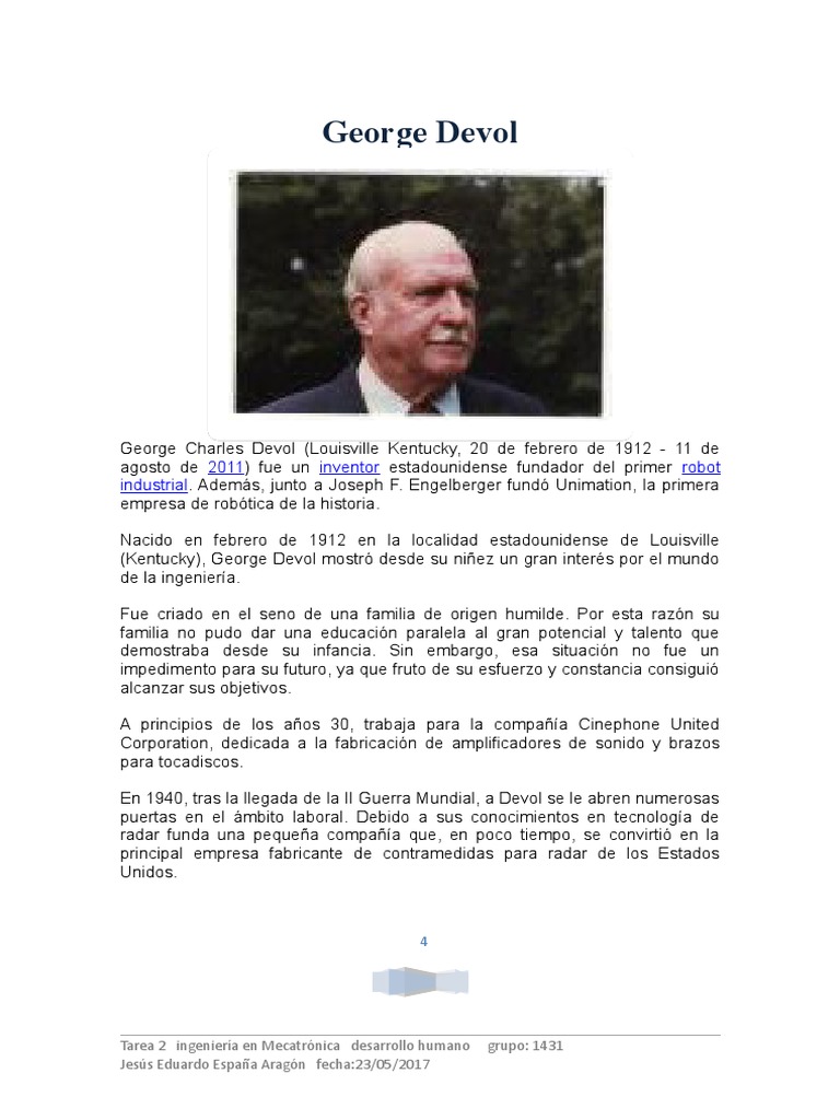 Biografia George Devol | PDF | Robótica | Ingeniería electromecánica