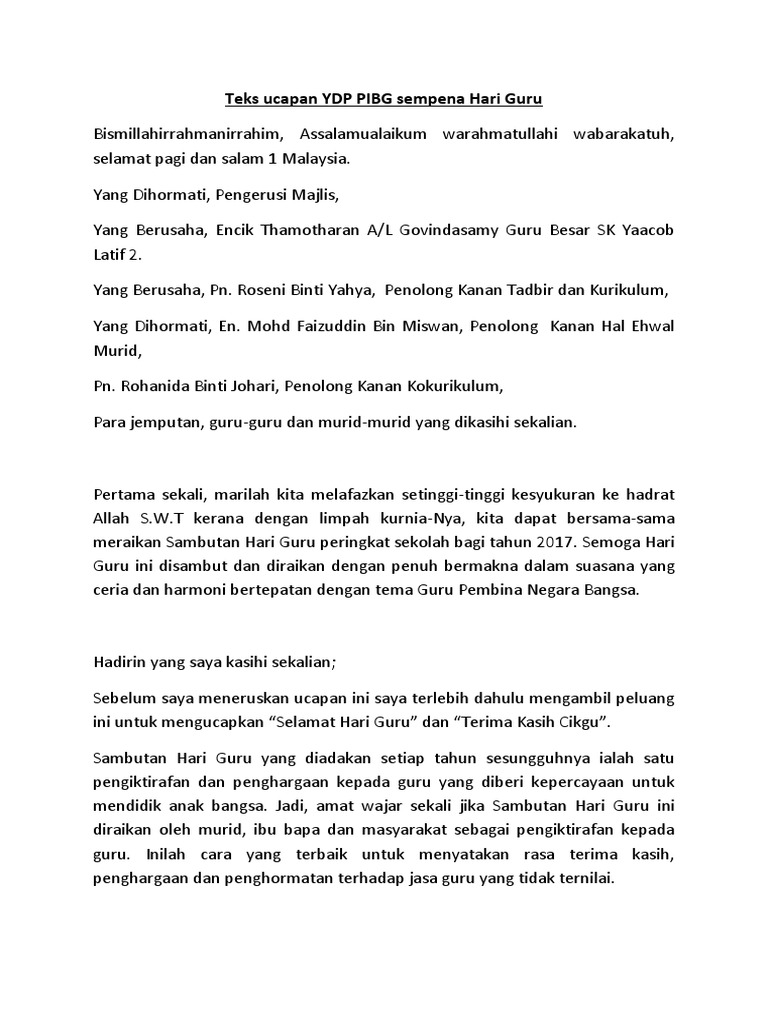 Teks Ucapan YDP PIBG Sempena Hari Guru | PDF