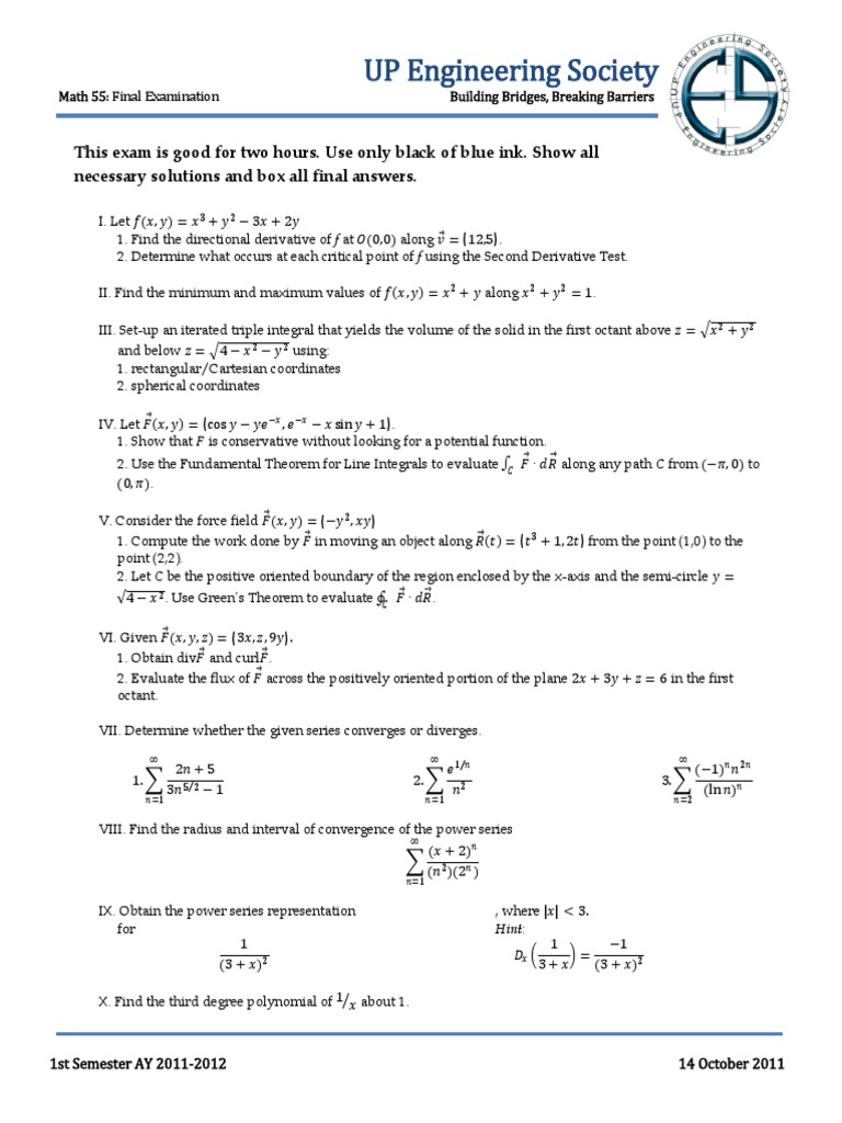 Math 55 Final Exam Questions | PDF | Power Series | Integral