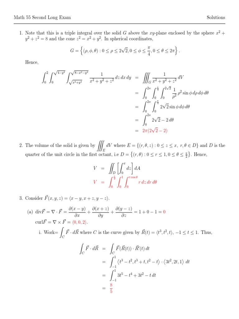 Math 55 Exam Solutions: Integrals & Vector Fields | PDF | Analytic ...