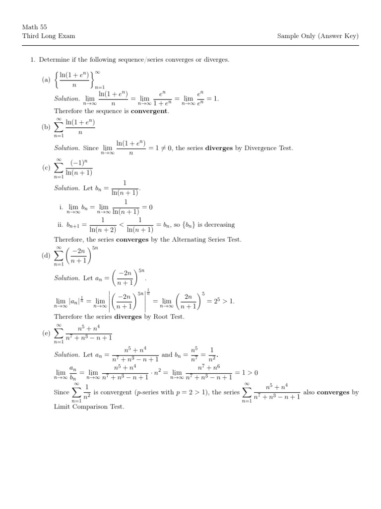 Math 55 Sample Exam Key Series and Sequences Power Series | PDF ...