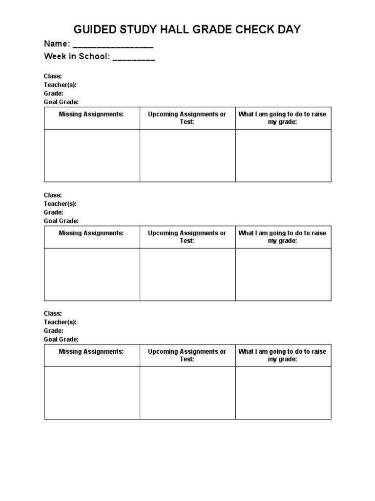 Guided Study Hall Grade Check Form | PDF