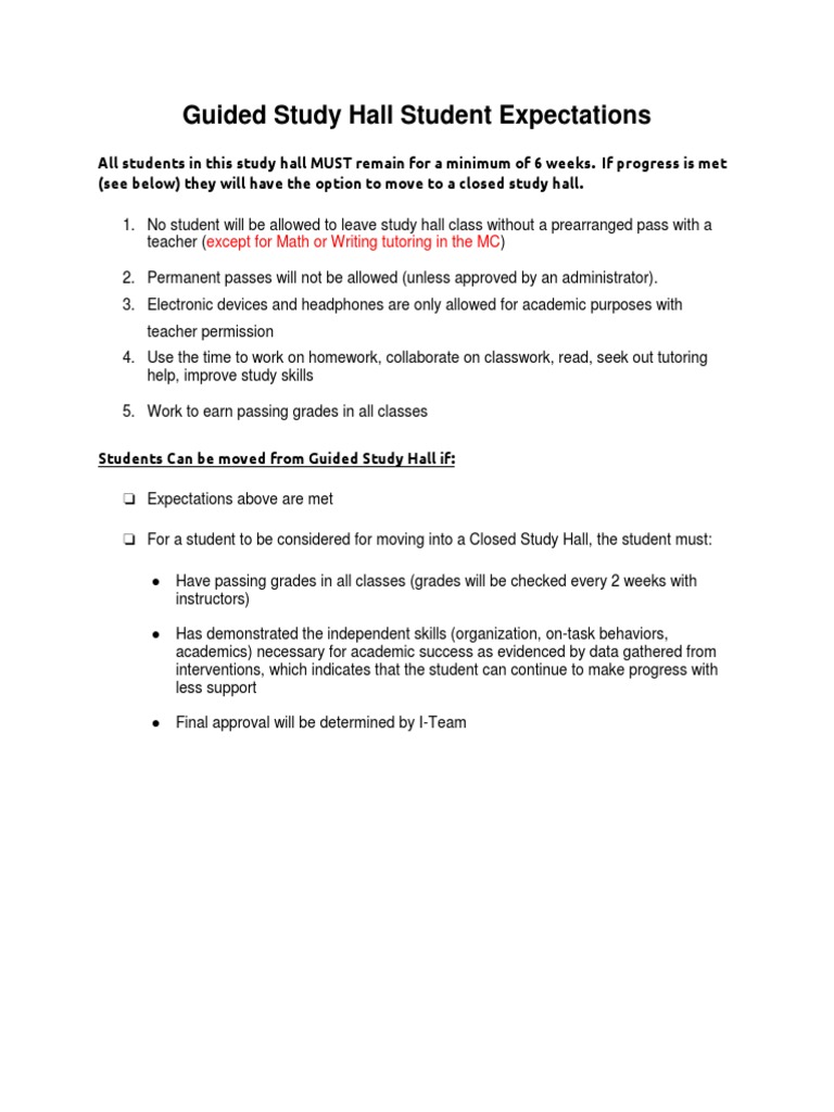 Guided Study Hall Student Expectations | PDF