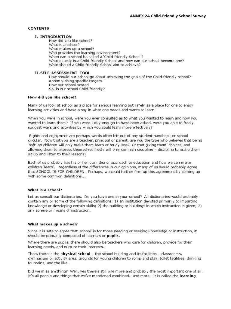 Sip Annex 2a Child-Friendly School Survey | PDF | Teachers | Literacy