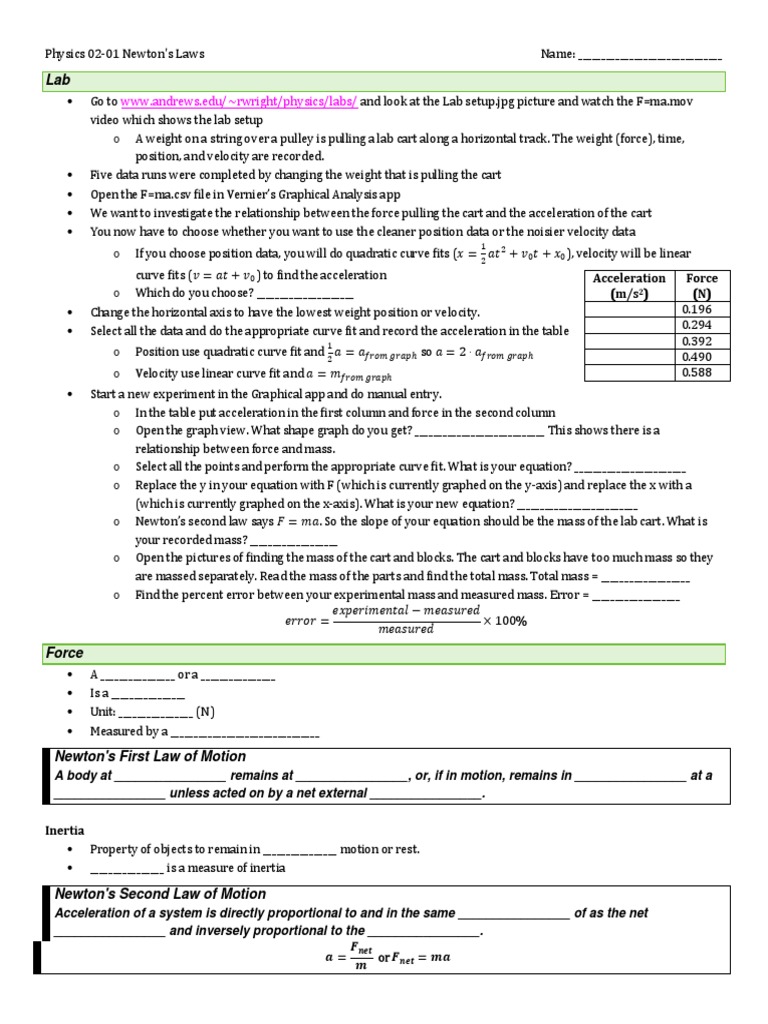 Physics 02-01 Newton's Laws Lab | PDF | Force | Mass