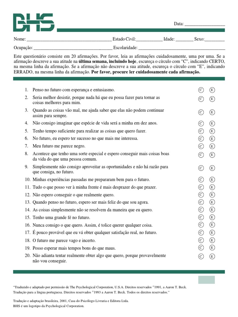 Escalas Beck BDI BAI BHS PDF | PDF | Psicologia | Remédio