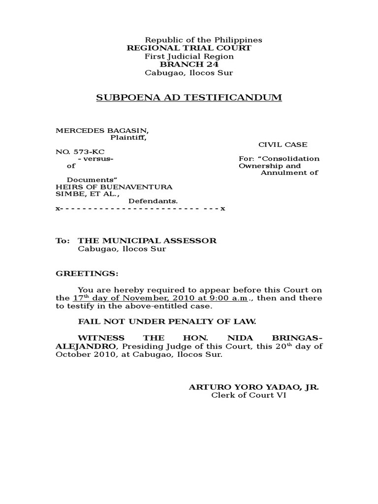 Subpoena Duces Tecum (1) | Subpoena | Lawsuit