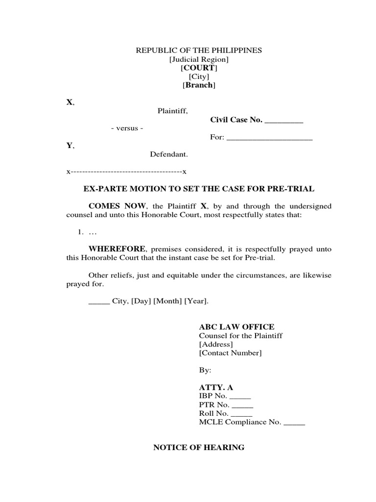 Ex-Parte Motion To Set The Case For Pre-Trial | PDF