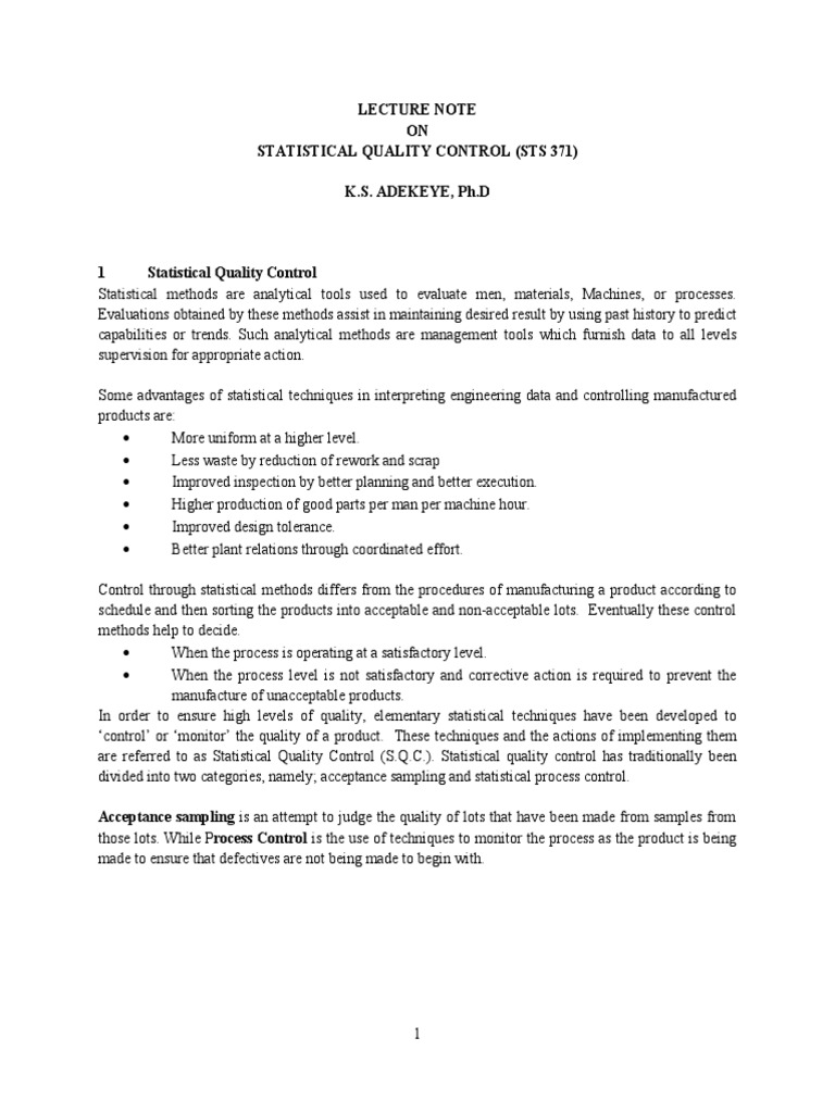Lecture Note On Statistical Quality Control | PDF | Standard Deviation | Causality