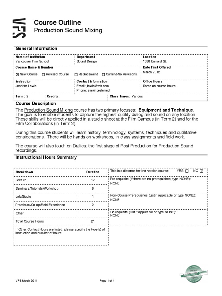 Course Outline: Production Sound Mixing | PDF | Lecture | Pedagogy
