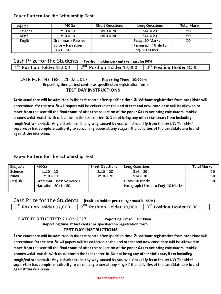 Paper Pattern For The Scholarship Test Read Online | PDF