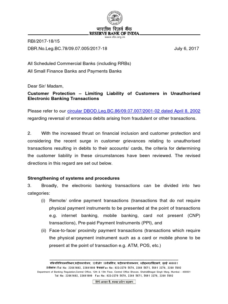 RBI Guidelines on Customer Liability in Fraud | PDF | Debits And ...