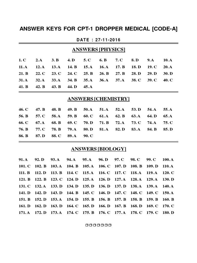 Medical Exam Answer Keys 2016 | PDF | Natural Sciences | Nature