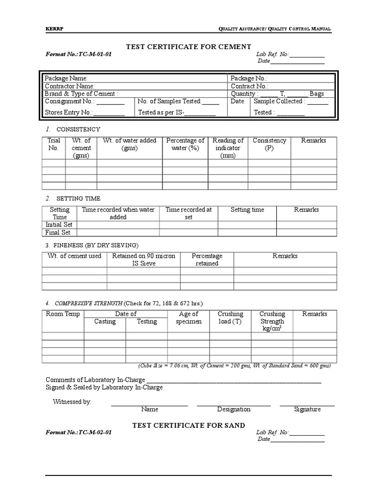 Test Certificate For Cement: Format No.:TC-M-01-01 | PDF | Concrete ...