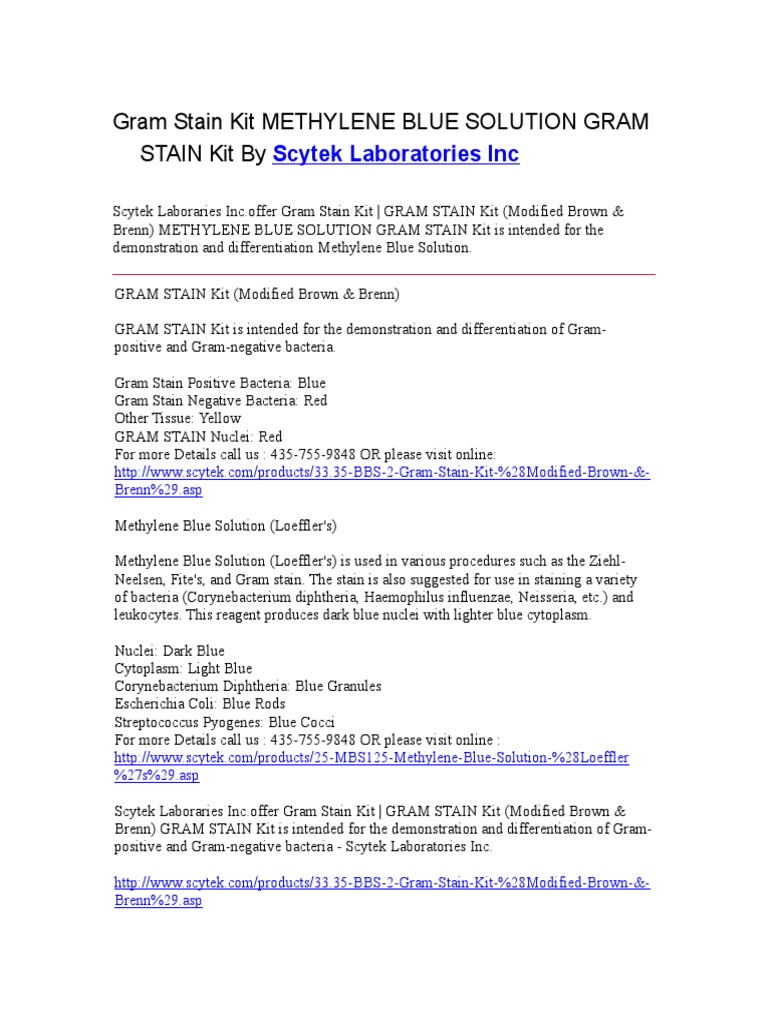 Gram Stain Kit Methylene Blue Solution Gram Stain Kit by Scytek ...