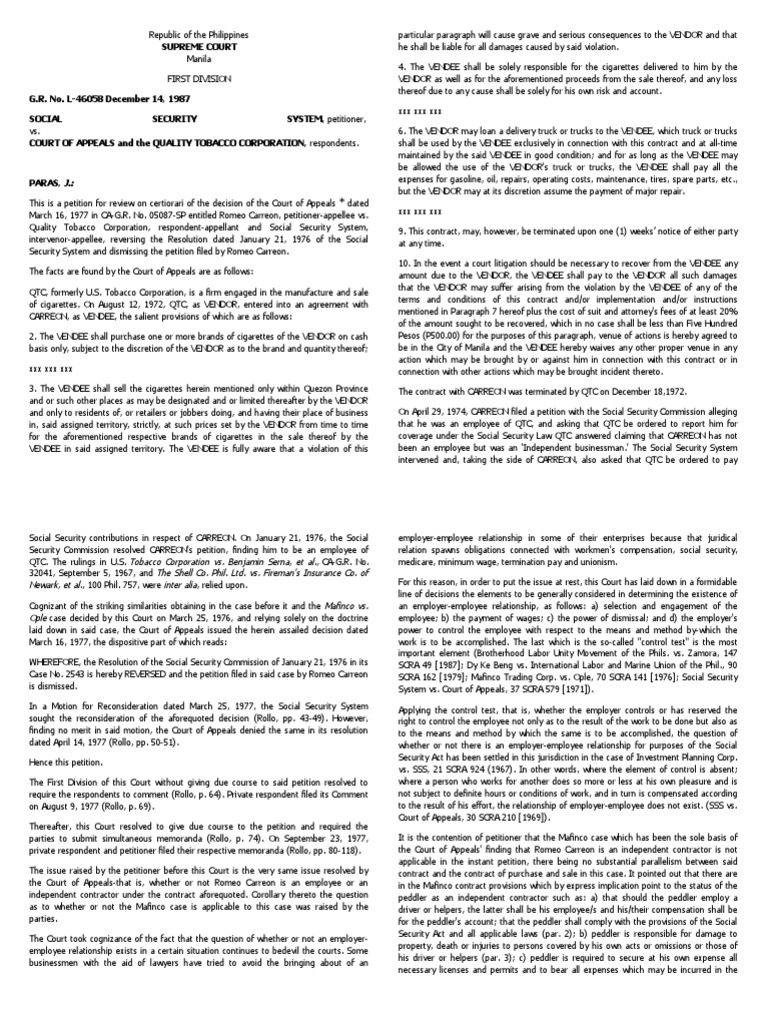 Sss vs. Quality Tobacco | PDF | Social Security (United States ...