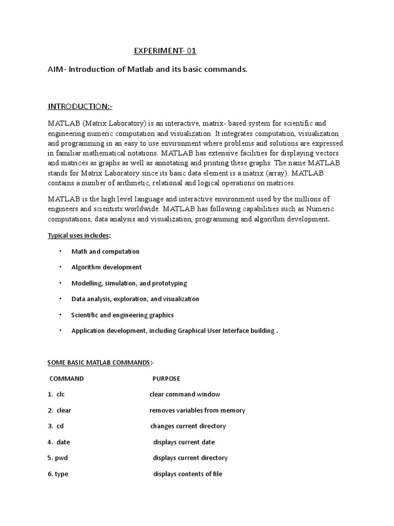 Experiment 01 Aim Introduction Of Matlab And Its Basic Commands Pdf Matlab Graphical 