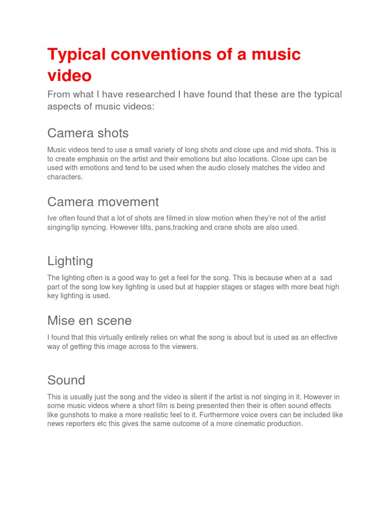 Typical Conventions of A Music Video: Camera Shots | PDF