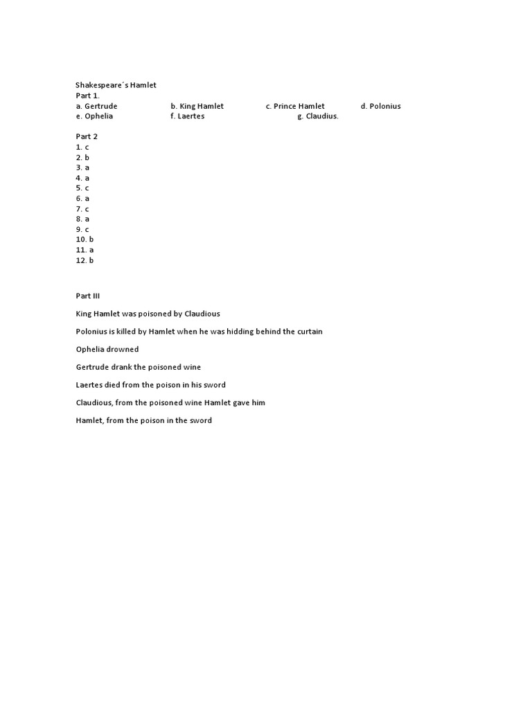 Reading Comprehension Test. Hamlet ANSWERS | PDF