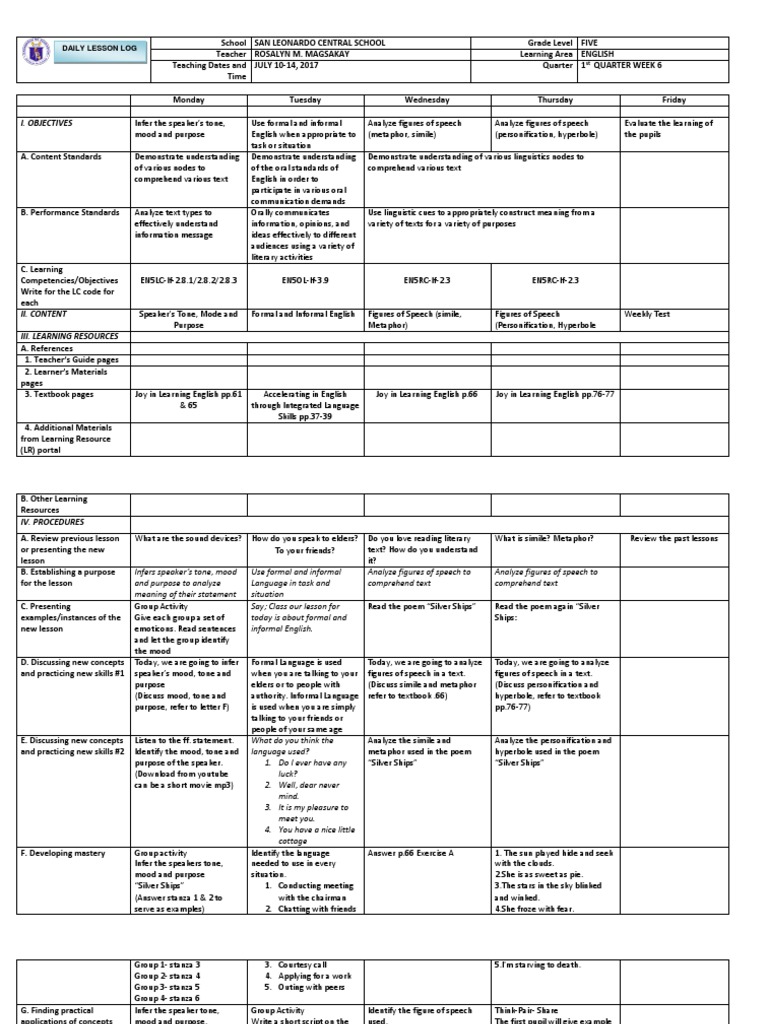 Analyzing Tone, Mood, and Purpose: A Weekly English Lesson Plan for 5th ...