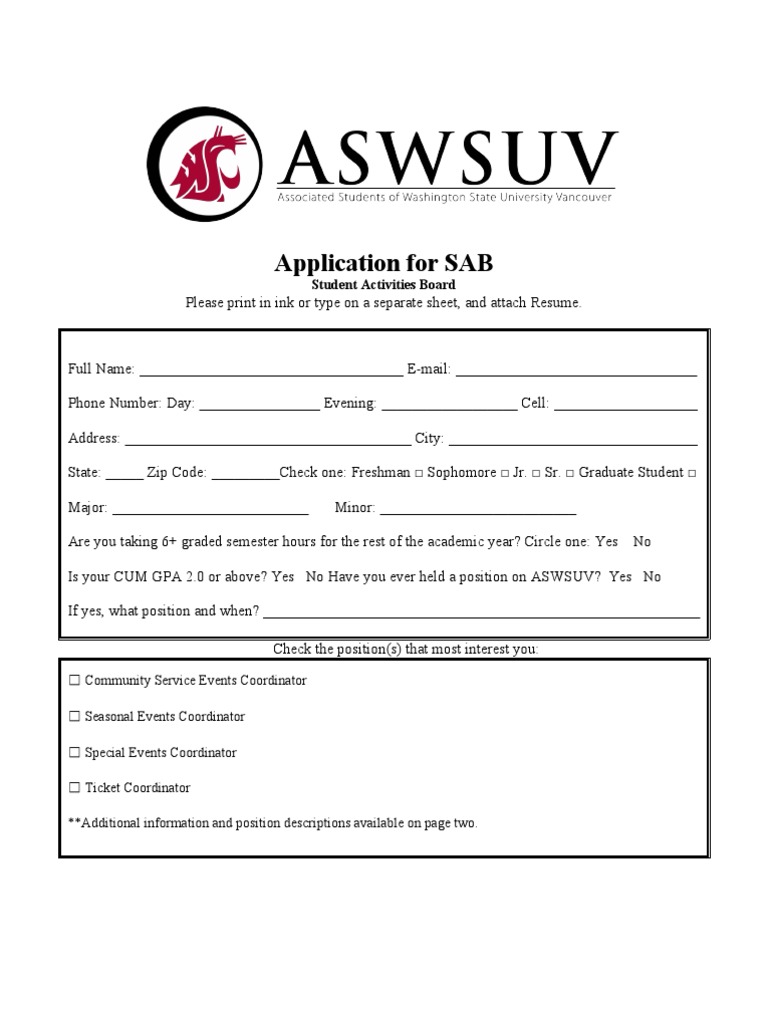 ASWSUV Application For SAB | PDF | Academia | Behavior Modification