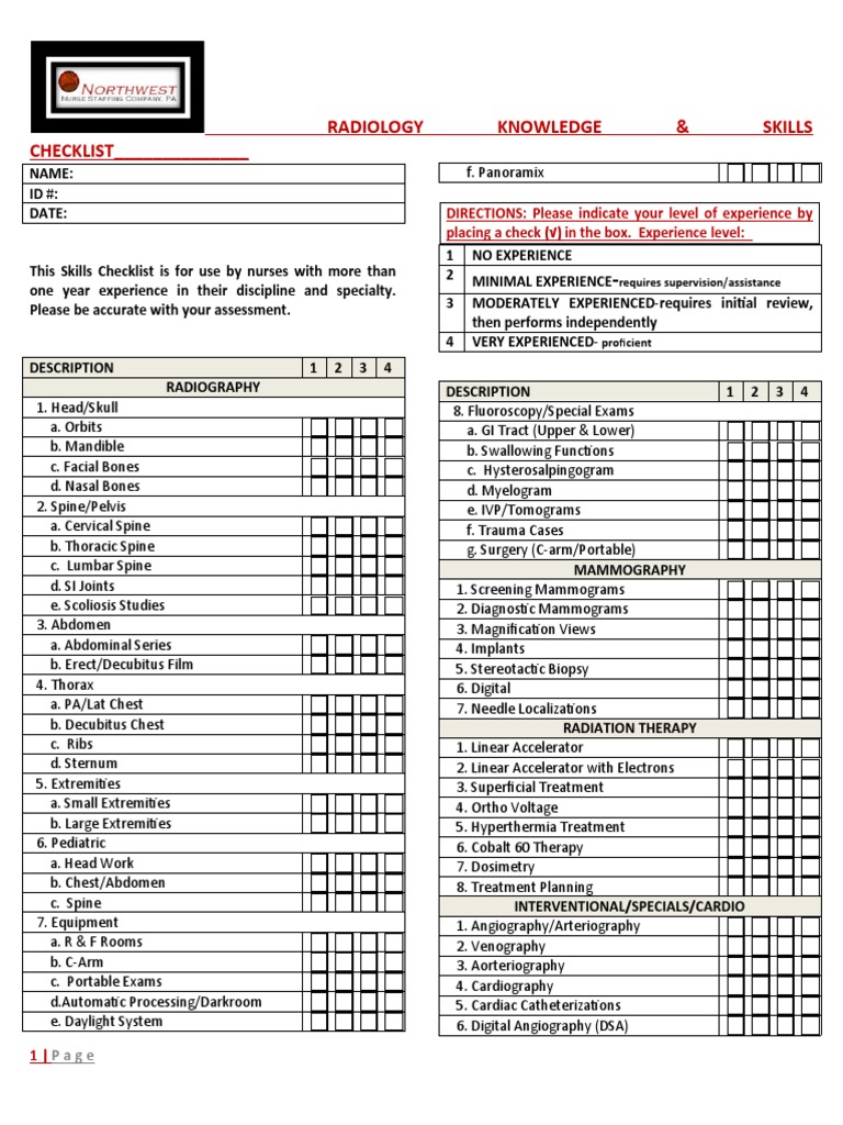 Radiology Skills Checklist | PDF | Medical Ultrasound | Radiology