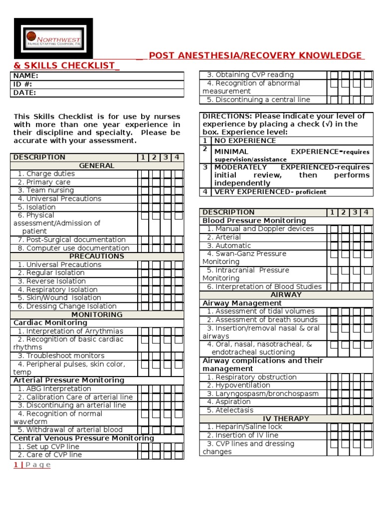 Post Anesthesia-Recovery Skills Checklist | PDF | Intravenous Therapy ...