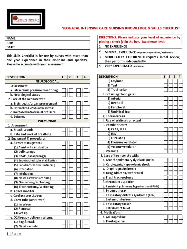Neonatal Intensive Care Nursing Knowledge & Skills Checklist | PDF ...