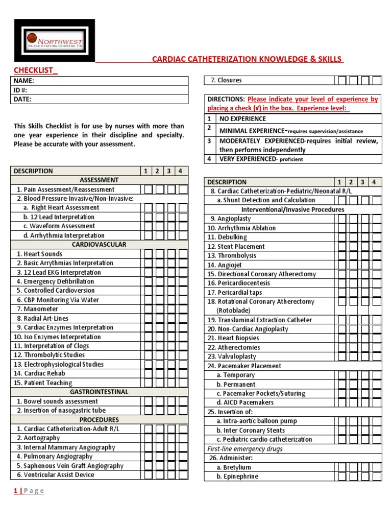 Cardiac Catheterization Skills Checklist | PDF | Heart | Catheter