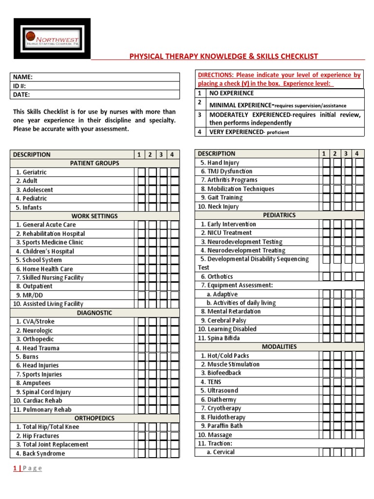 Physical Therapy Skills Checklist | PDF | Physical Therapy | Medicine