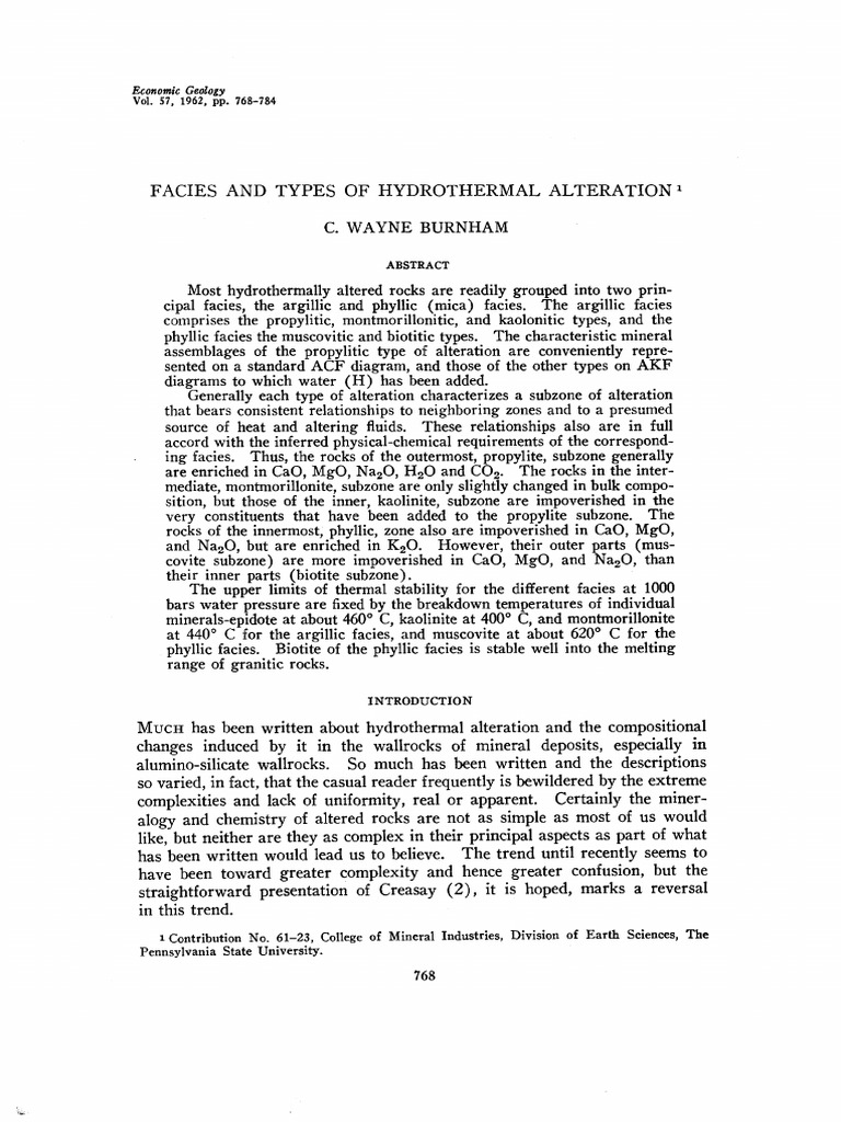 Facies AND Types of Hydrothermal Alteration: Alogy and Chemistry of ...
