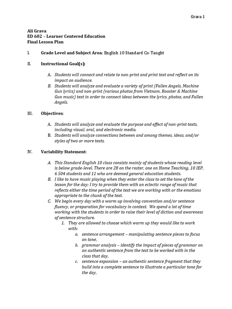 Ali Grava ED 602 - Learner Centered Education Final Lesson Plan Grade ...