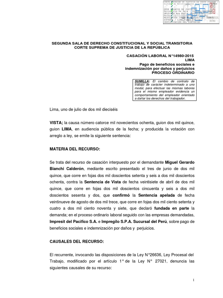 Casación Laboral Nº 14980-2015, Lima | Ley procesal | Derecho laboral Casación Laboral Nº 14980-2015, Lima | Ley procesal | Derecho laboral