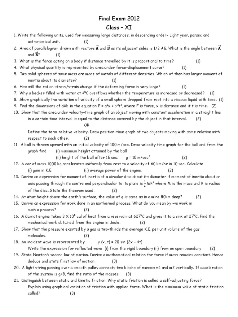 Final Exam 2012 | PDF | Velocity | Force