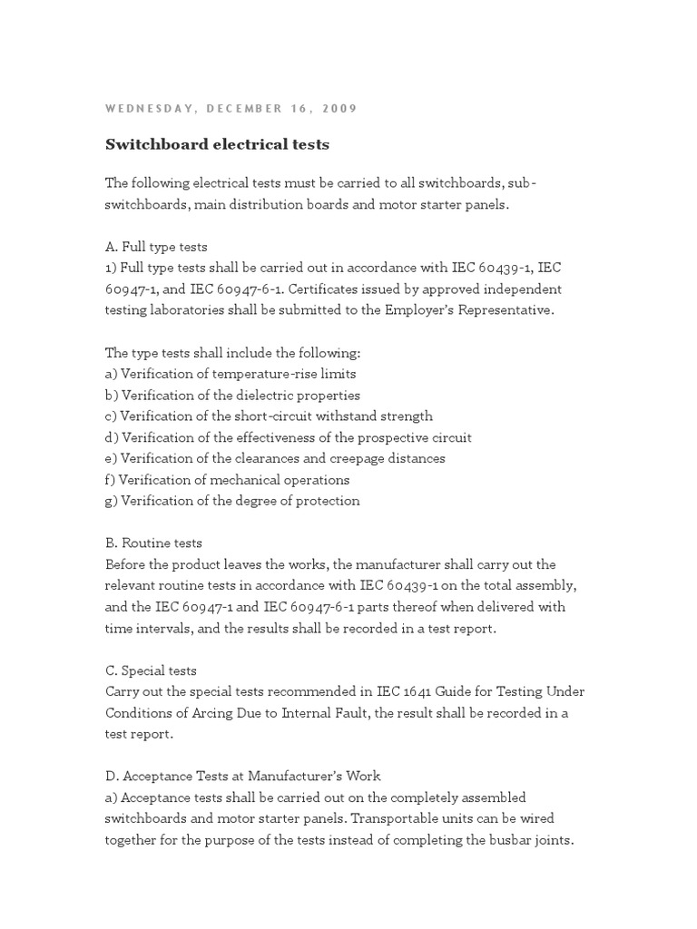 Switchboard Electrical Tests | PDF | Electrical Wiring | Verification ...