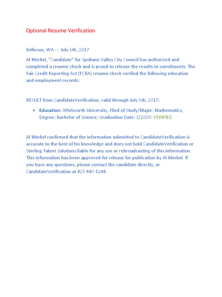 Resume Verification for Al Merkel | PDF | Career & Growth | Finance ...