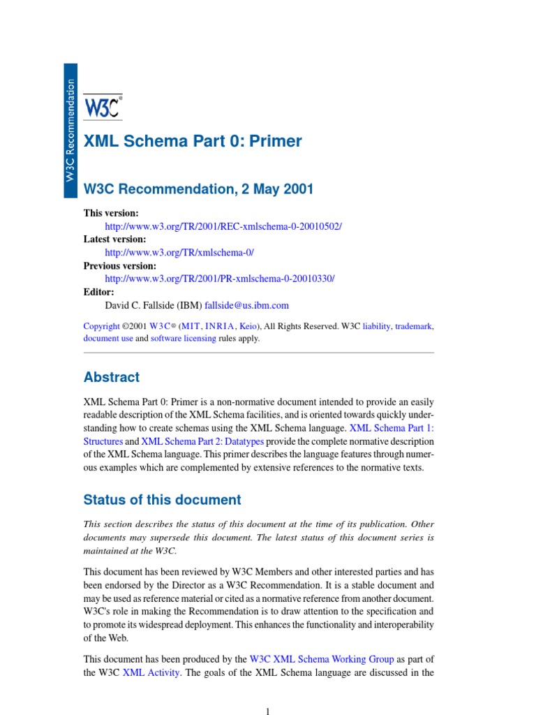 Xml Schema Part 0 Primer W3c Recommendation 2 May 2001 Pdf Xml