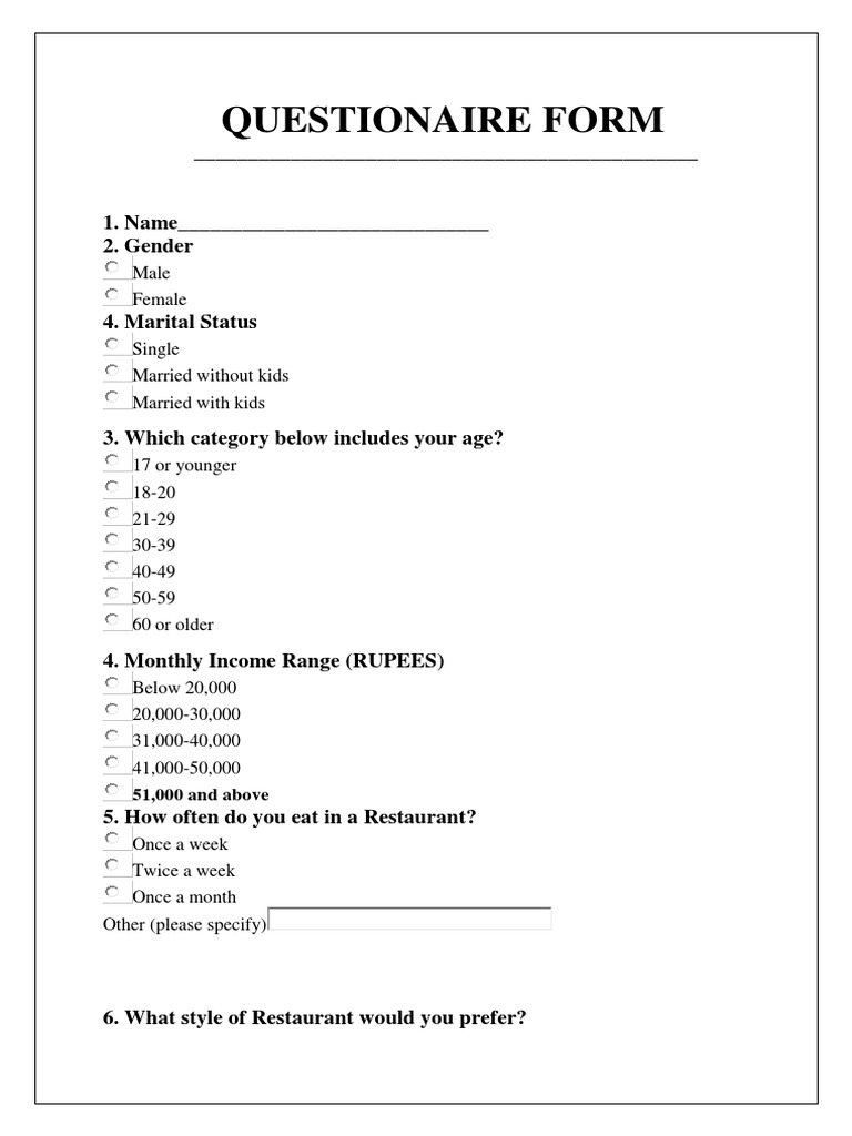 Questionaire Form: Male Female | PDF