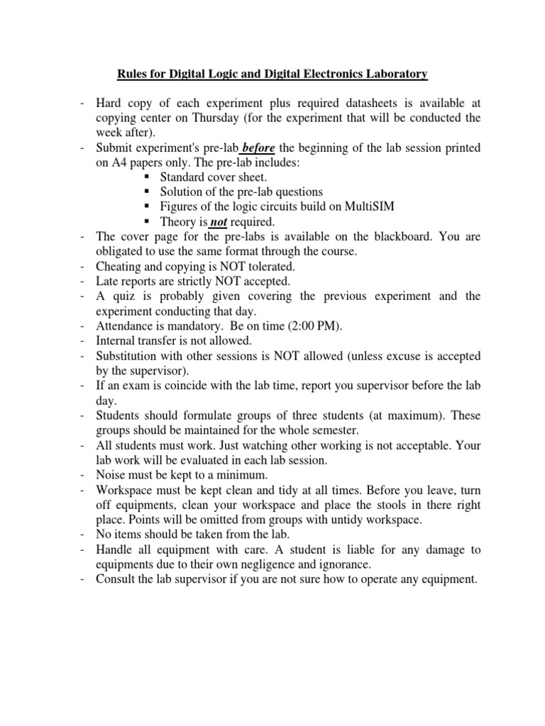 Rules For Digital Logic and Digital Electronics Laboratory | PDF