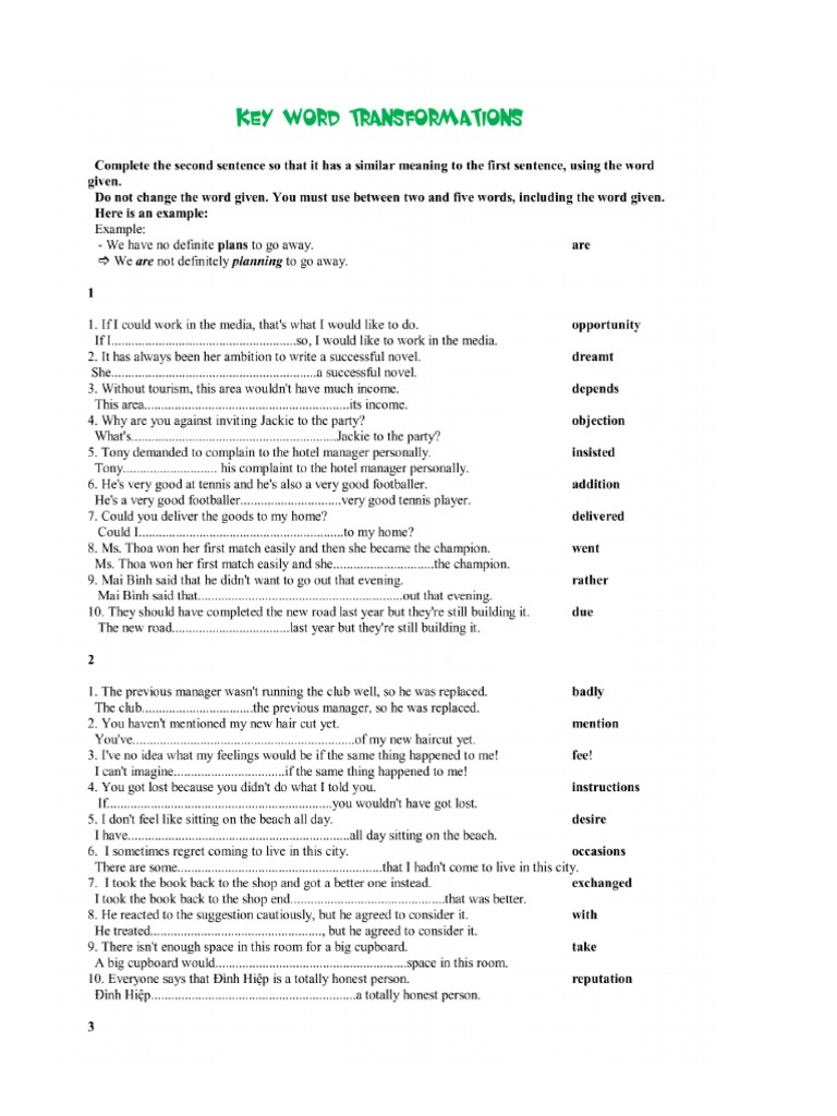 Key Word Transformation Exercises PDF | PDF