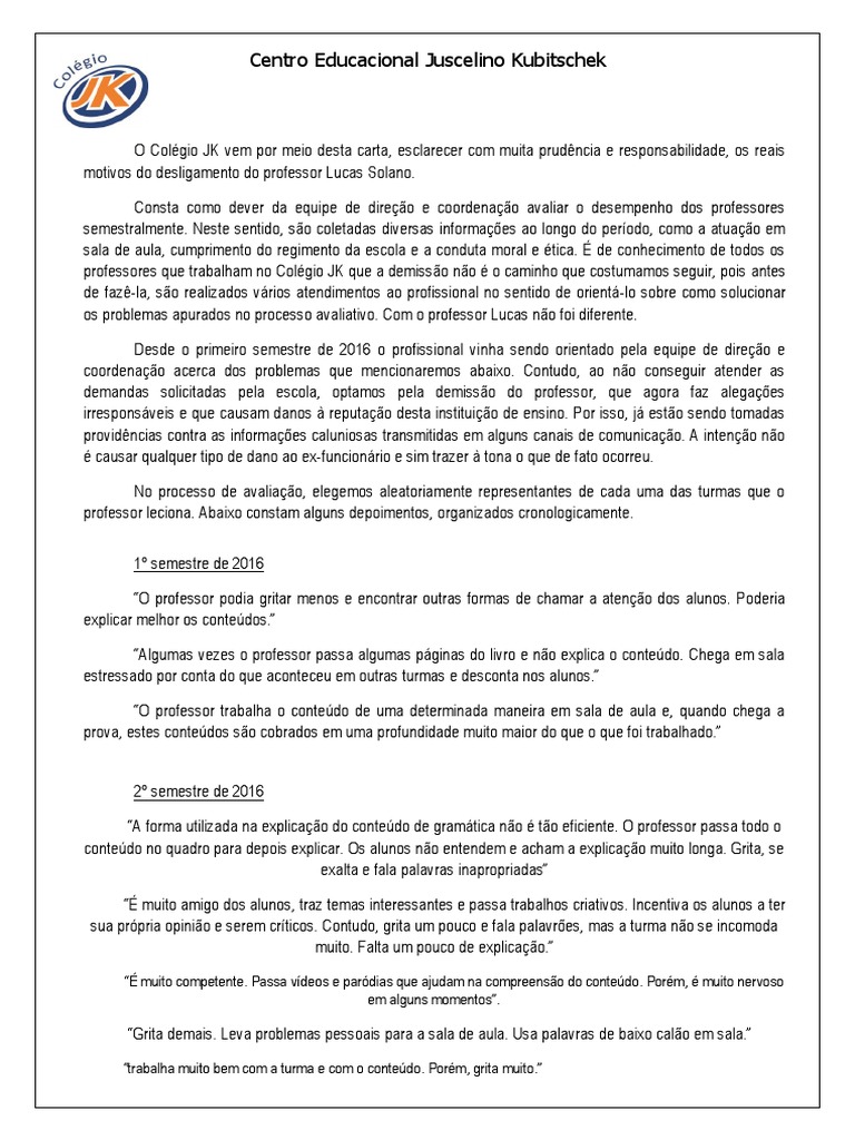 Carta JK Sobre Demissão Do Prof Lucas Solano | PDF | Escolas | Professores