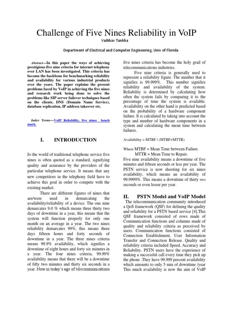 Challenge of Five Nines Reliability in Voip: Abstract | PDF | Session Initiation Protocol ...