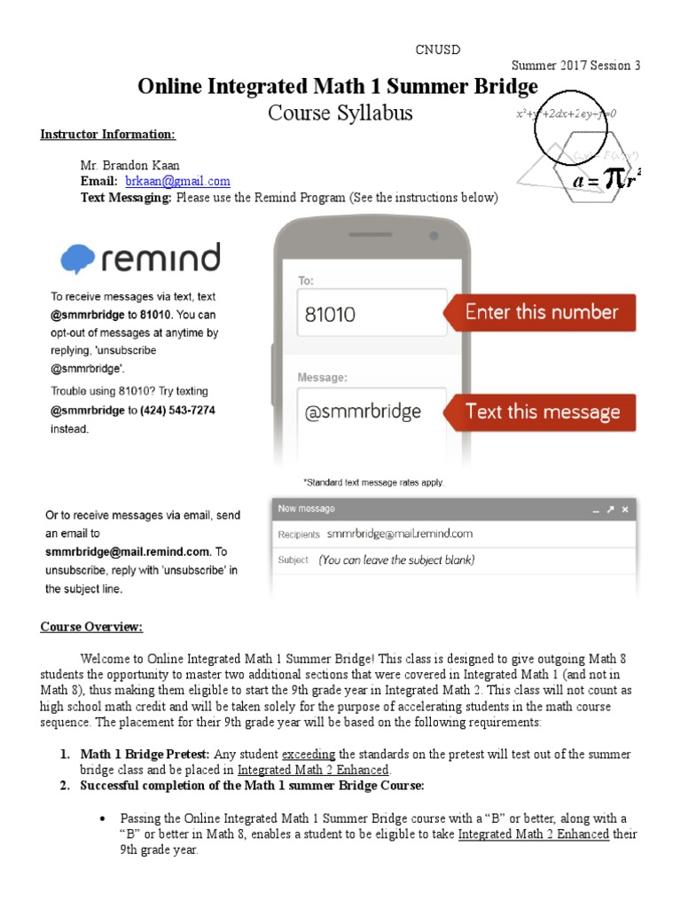 Integrated Math 1 Summer Bridge Syllabus2017 s3 | PDF | Quiz | Homework