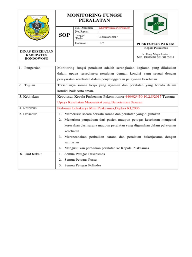 Sop Monitoring Fungsi Peralatan | PDF