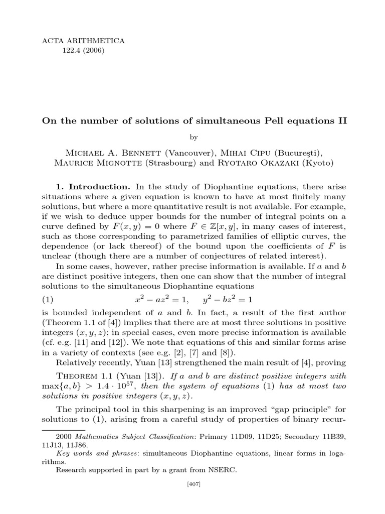 On The Number of Solutions of Simultaneous Pell Equations II | PDF | Logarithm | Equations