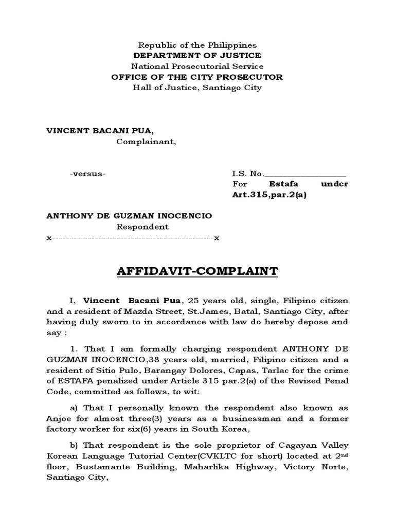 Complaint (Estafa) Elements.2 | PDF | Government Information | Virtue